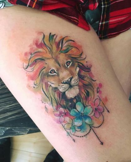 Tatouage Lion Avec Fleur